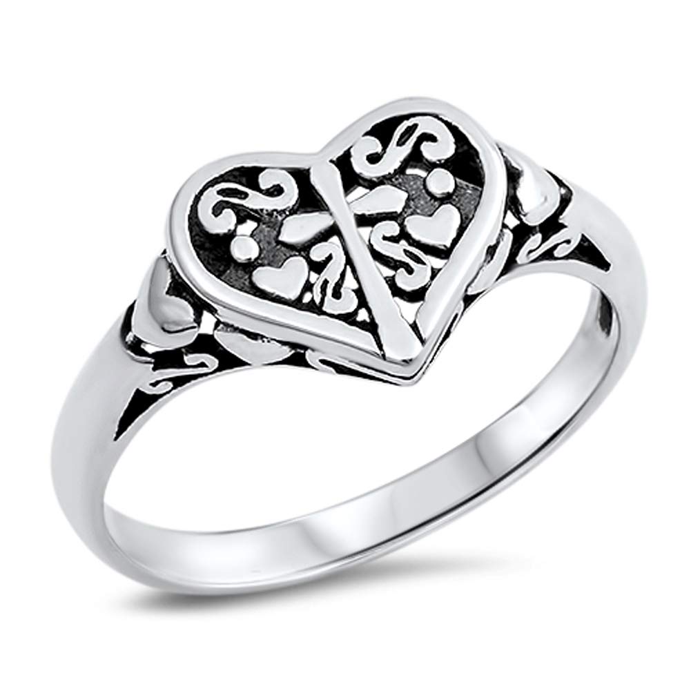Filigree Heart Cross Oxidized Purity Ring .925 Sterling Silver Band Size 8
