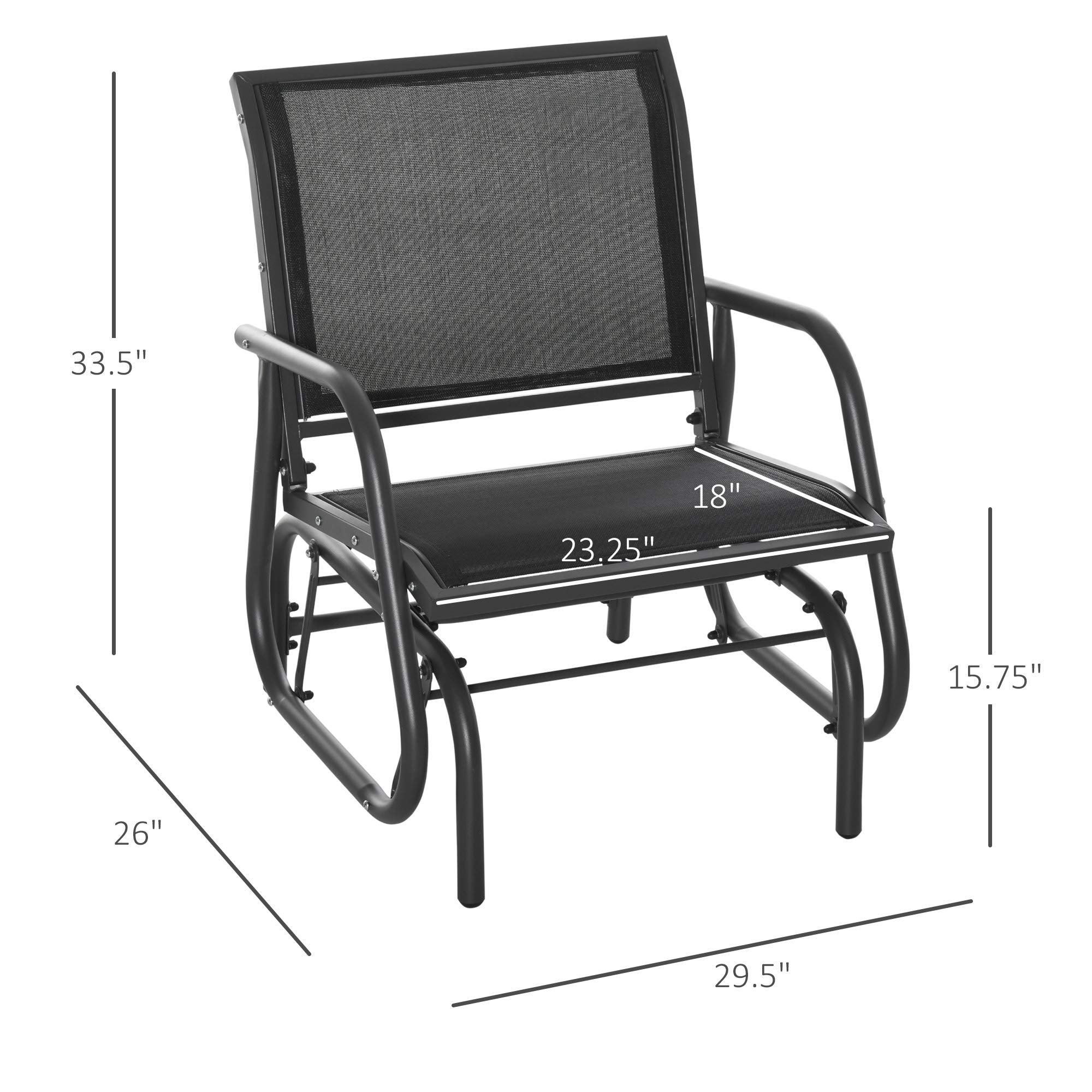 Outsunny Porch Glider, Metal Frame Swing Glider Chair with Breathable Mesh Fabric, Curved Armrests and Steel Frame for Garden, Poolside, Backyard, Balcony, Black