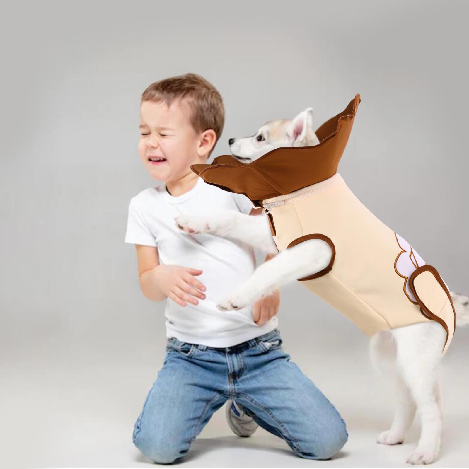 SAWMONG Dog Surgery Recovery Suit with Foldable Cone, Stretch & Cotton Dog Spay Surgical Suit for Female Dogs, After Surgery Dog Onesie with Adjustable Rear Flap, Medium