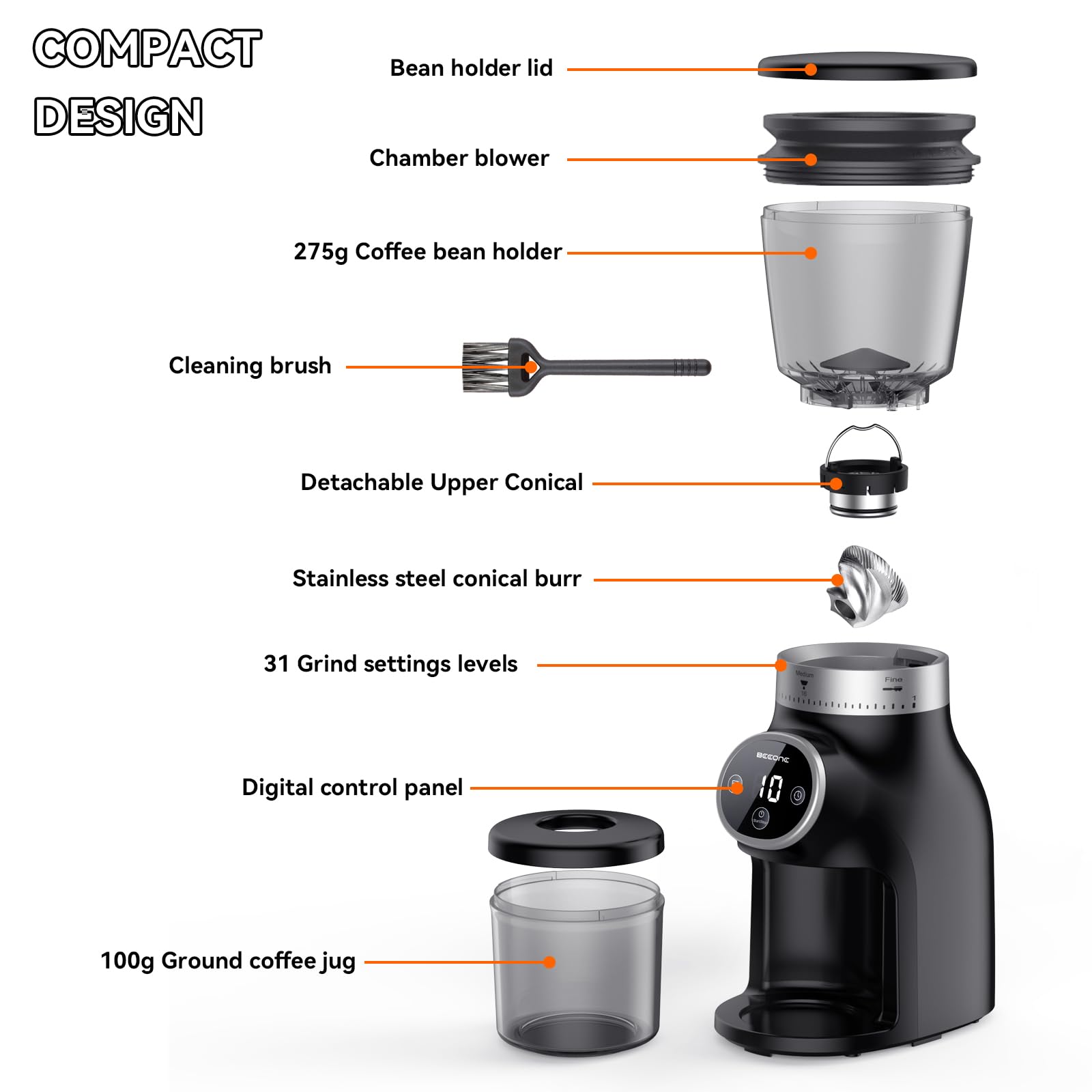 Electric Burr Coffee Grinder with Digital Control, BEEONE Espresso Grinder with 31 Precise Settings for 1-10 Cups, Coffee Grinder Electric with Time Display, Black