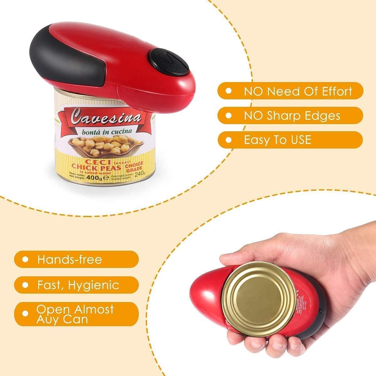 Electric Can Opener, Open Cans with One Touch NO Stuck Smooth Edge Automatic Can Opener for Seniors Arthritis, Food-Safe & Battery Operated Handheld Opener Fits Almost Sizes