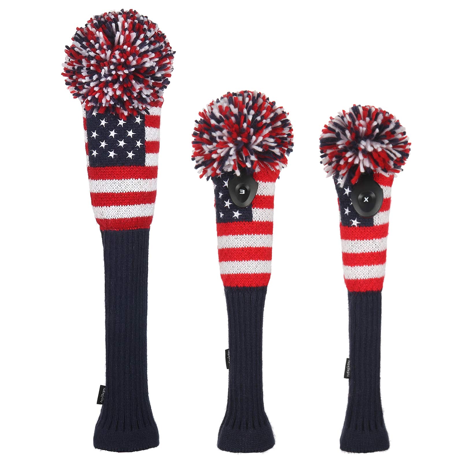 Golf Head Covers (3PCS) Driver Fairway #3 Hybrid Knit Pom Pom White Blue Red USA Flag Desin with Number Tag