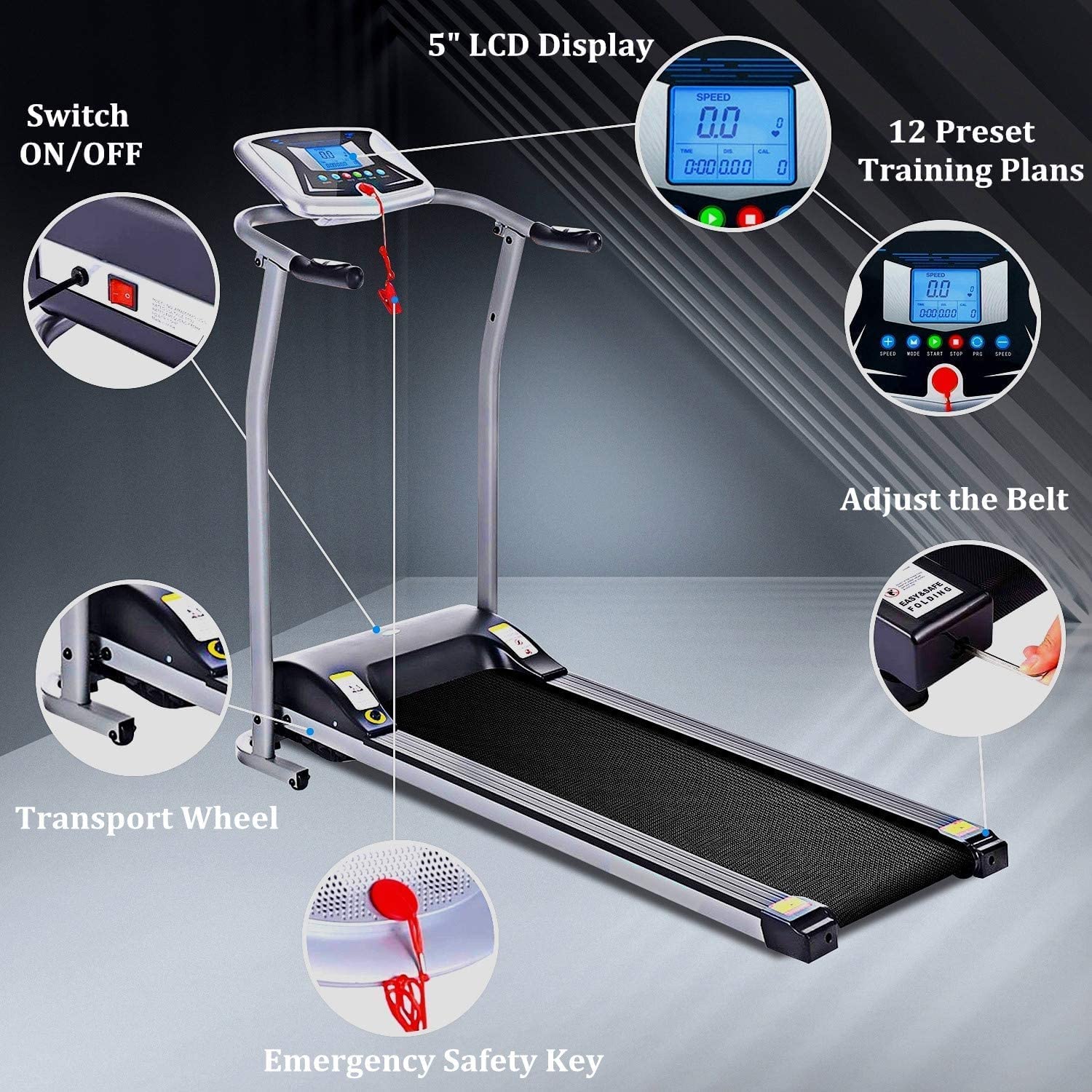 Foldable Treadmill, 12 Training Modes 1.5HP Electric Treadmill w/LED Display+Tracking Pulse+Safety Key+Casters, Health & Fitness Walking Running for Home Office