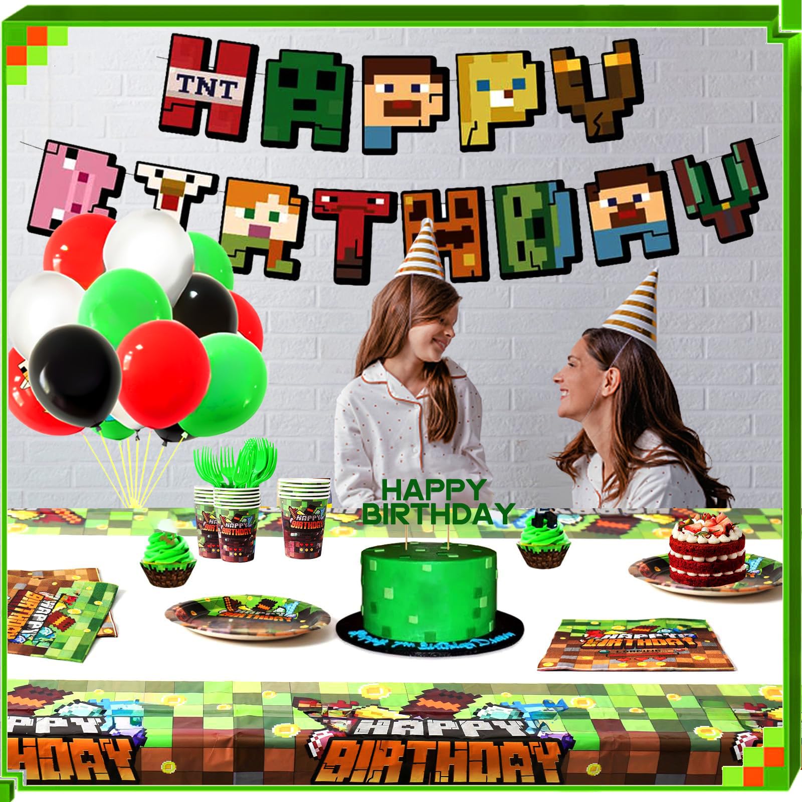 Pixel Birthday Party Decorations - Party Favour Set Includes Pixel Banner, Plates, Napkins, Cups, Tablecloth, Balloons, Forks. (green)