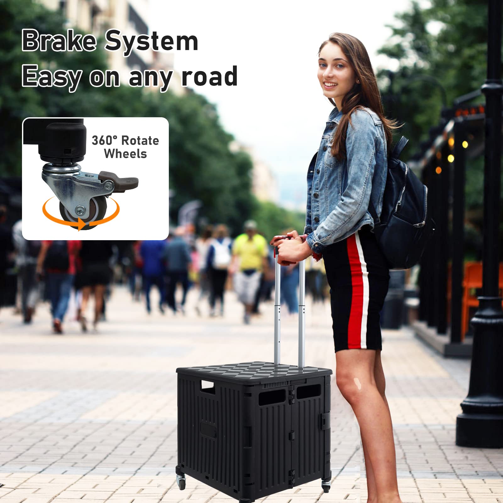 Foldable Utility Cart with Wheels, Collapsible Rolling Cart with Telescoping Handle, 360°Rotate Wheel Folding Utility Cart for Storage Office Use