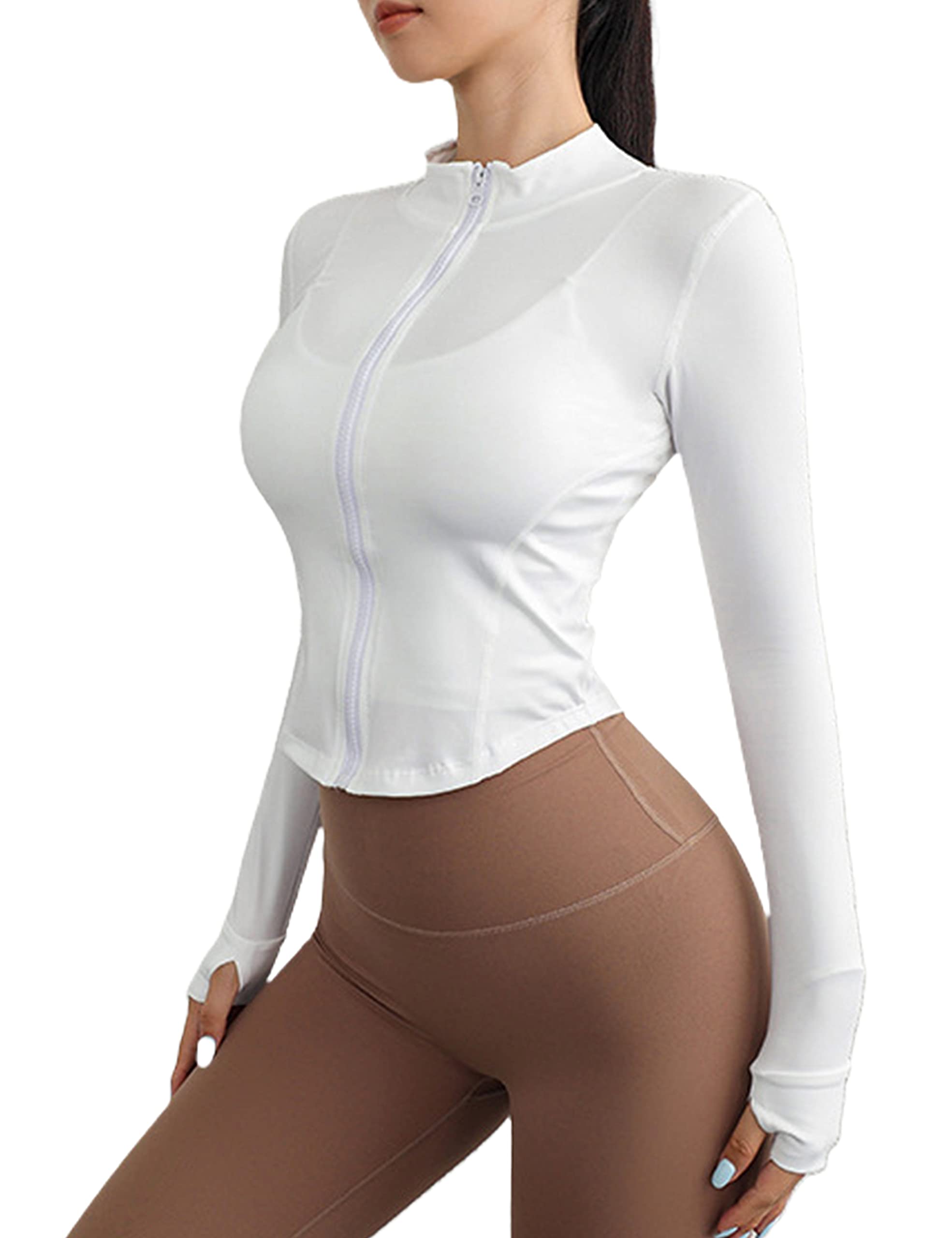 Hvewarm Women's Cropped Athletic Bbl Jacket Seamless High Low Hem Zipper Thumbhole Workout Sportwear(AWhite-M)