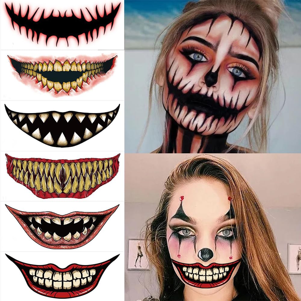 Halloween Temporary Horror Scary Mouth Tattoo Stickers Prank Props Makeup Costume Accessories Face Kit Men or Women Adults Kids Cosplay Party Masquerade