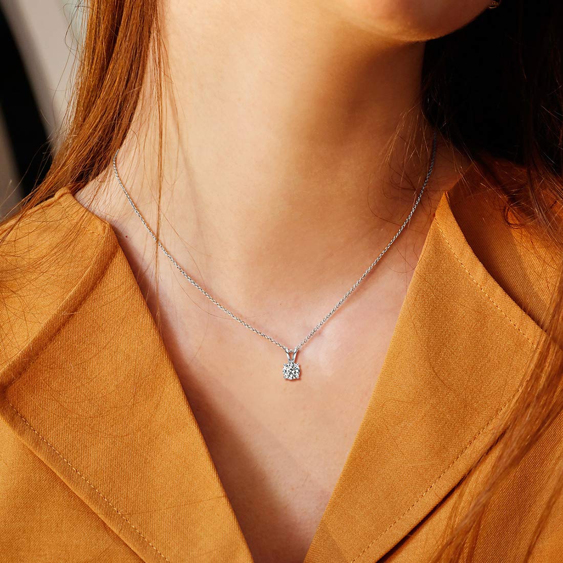 FANCIME 14k Solid White Gold Round 4 Prong 1 Carat Moissanite Simulated Diamond 6.5mm D-E Color VVS Clarity Pendant Necklace For Women, 16" + 2" Extender