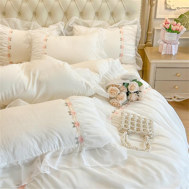 MOOWOO Chic Ruffle Lace Queen Duvet Cover Set-Princess Girl Bedding-3 Piece Comforter Duvet Cover with Zipper Closure,Coquette Room Decor-White,Queen Size
