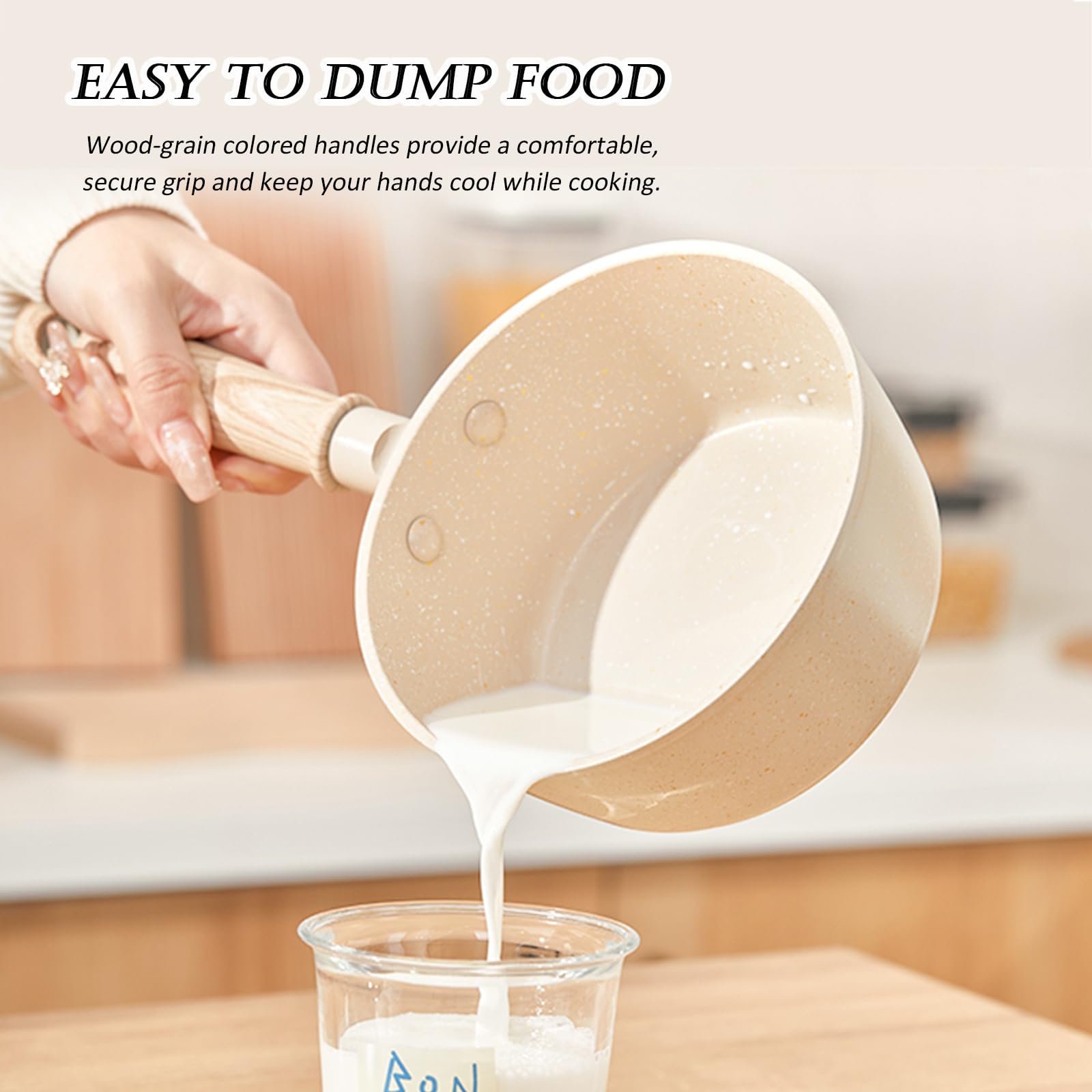 Sauce Pan With Lid, 1 Quart White Small Pots for Cooking with Nonstick Coating, Sauce Pot With Lid, Wooden Handle, PFOA Free, Suitable for Gas, Induction, Electric,Ceramic Stove (1 Quart)