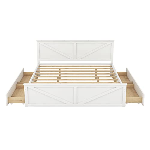 RORIGAT King Size Platform Bed with 4 Storage Drawers, Wooden Bedframe w/Headboard and Support Legs, for Livingroom, Bedroom, Guestroom, No Box Spring Needed, White