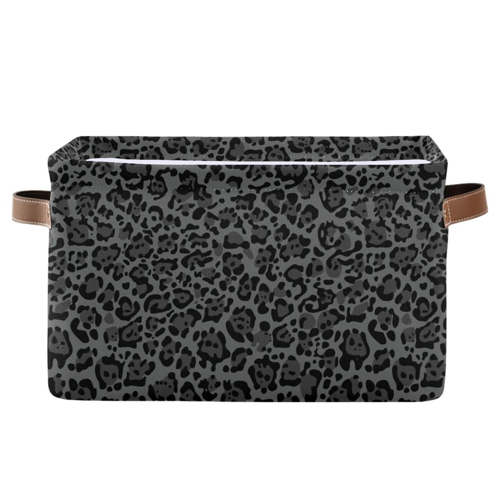 Moudou Black Leopard Storage Basket 2 Pcs, Waterproof Canvas Collapsible Toys Storage Bin with Leather Handles for Closet,Shelves, Nursery, Dorm, Bedroom, Office, Home Decor
