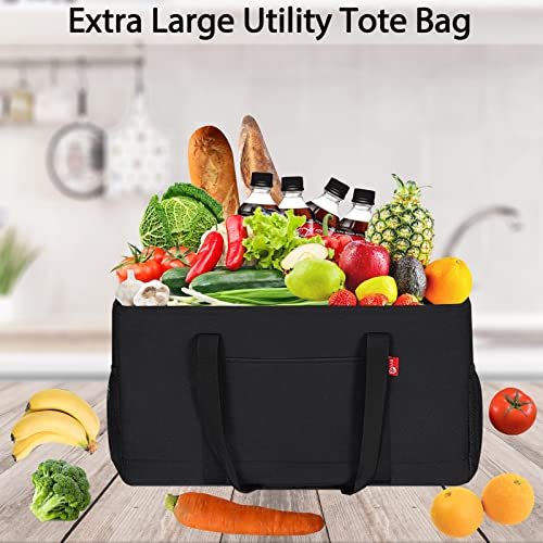 RVSNQ Extra Large Utility Tote Bag, Foldable Reusable Grocery Bags, Collapsible Tote with Metal Wire Frame & Reinforced Bottom Board, Stand up Large Utility Tote for Grocerie, Shopping, Storage(Black)