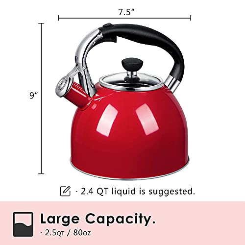 Rorence Whistling Tea Kettle: 2.5 Quart Stainless Steel Kettle with Capsule Bottom & Heat-resistant Glass Lid (Red)