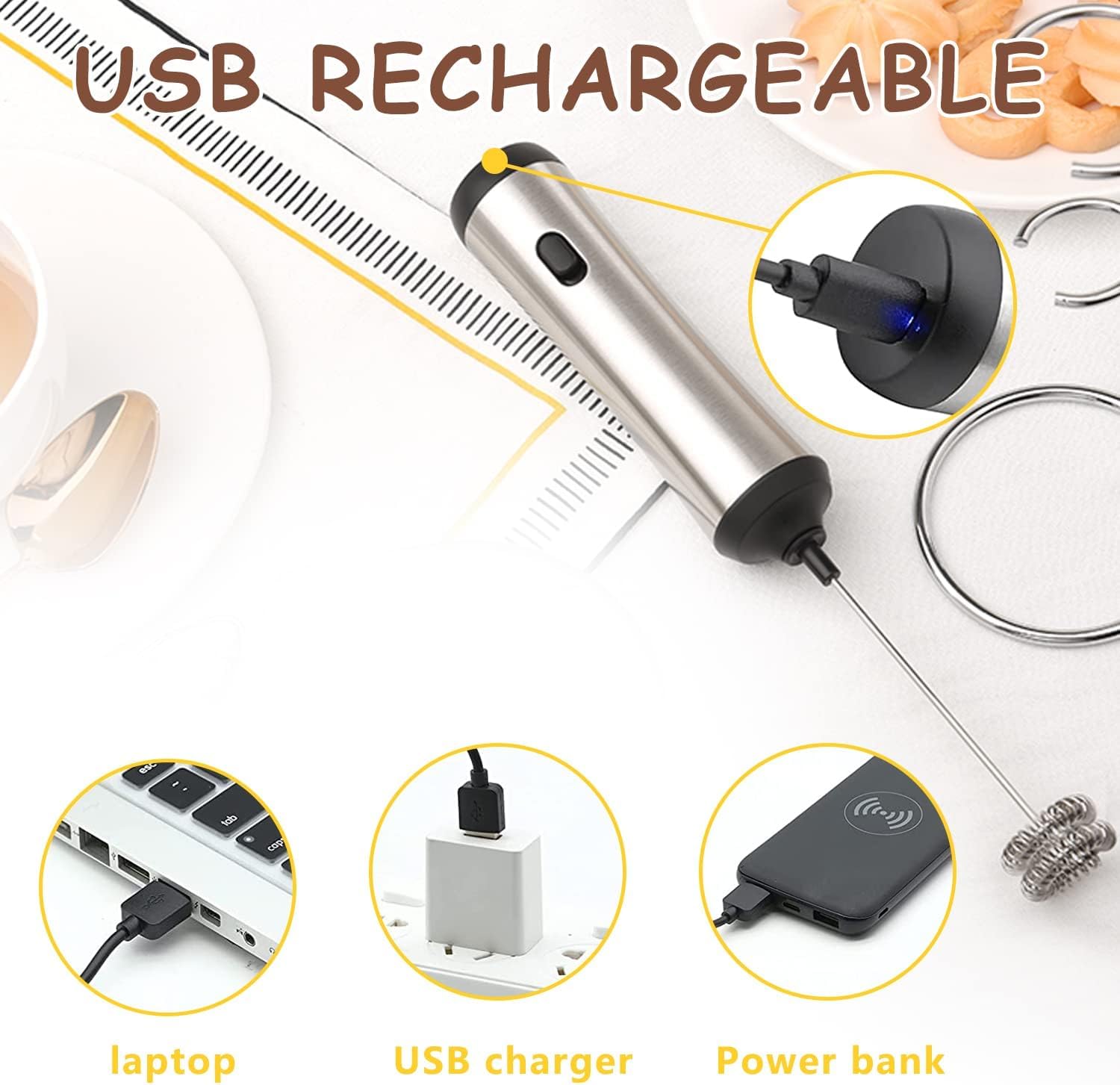 Rechargeable Milk Frother,Milk Frother Handheld,Coffee Mixer with Stand,Detachable StainlessSteel Whisk,forLattes,Cappuccino,Matcha,Etc.