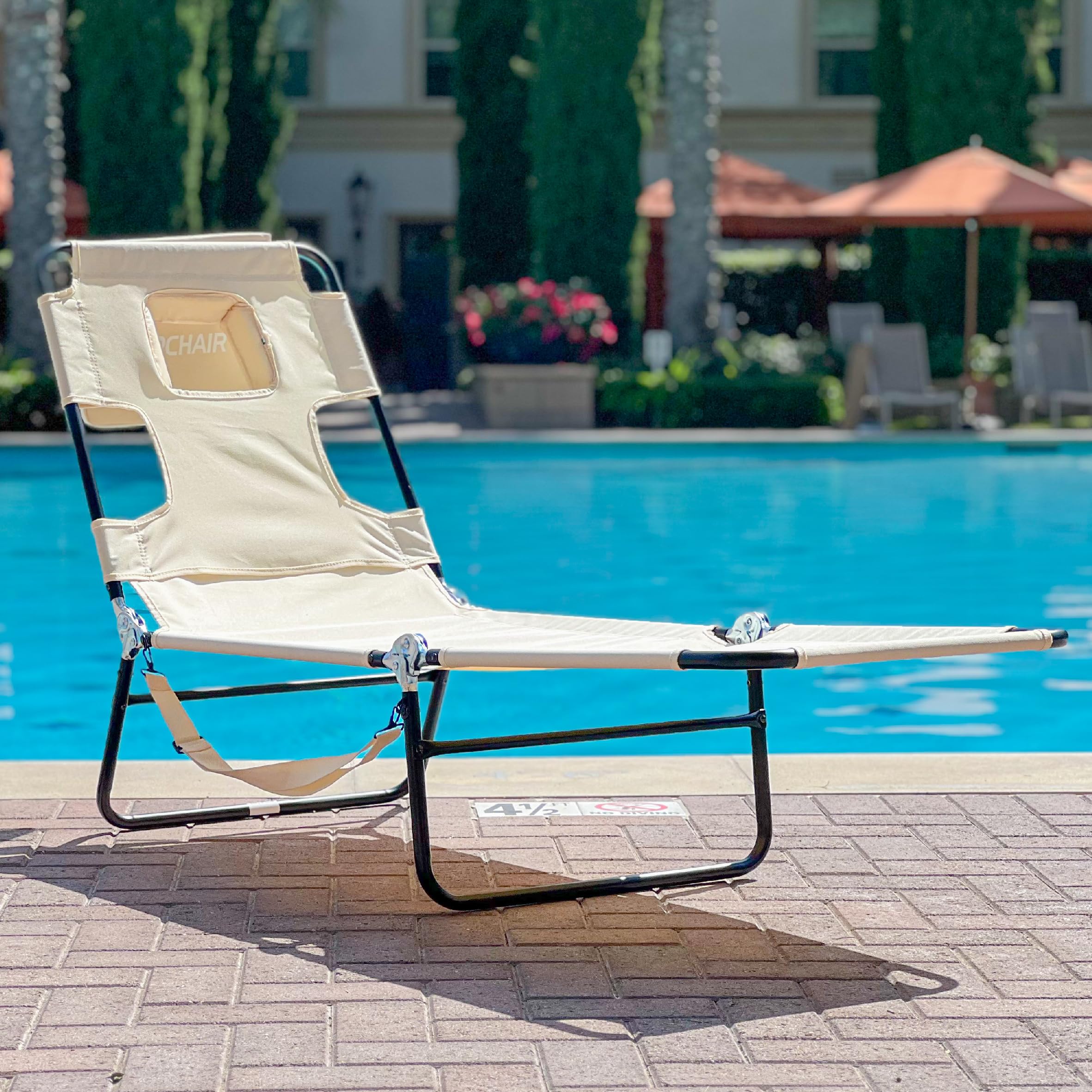 Face Down Tanning Chaise Lounge Chair - Face & Arm Holes - 2 Legs Support - Polyester Material – Backrest Positions - Head Rest Pillow - Beach or Home Use - Read and Tan - Tan Stripes Pattern