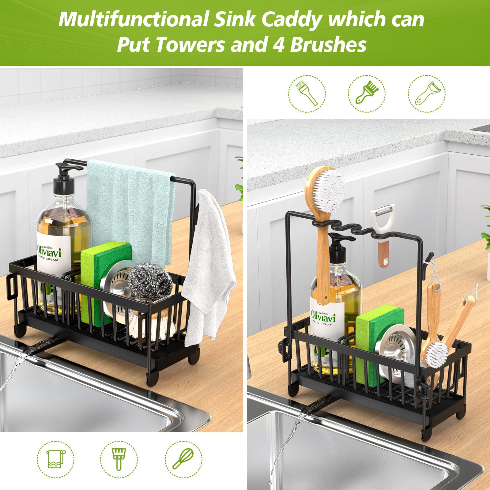 PKBD Kitchen Sink Caddy, Rustproof 304 Stainless Steel Sponge Holder for Kitchen Sink with Removable Drain Tray, Towel Holder and Brush Drainer Rack, Kitchen Organiser for Sink Tidy, Black
