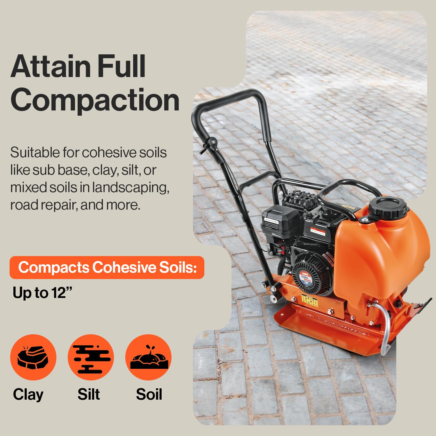 SuperHandy Plate Compactor with Water Tank - Enhanced for Dirt & Asphalt, 7HP 4-Stroke Engine, 5500VPM, 4200lbs Impact, 20x15 Inch Base