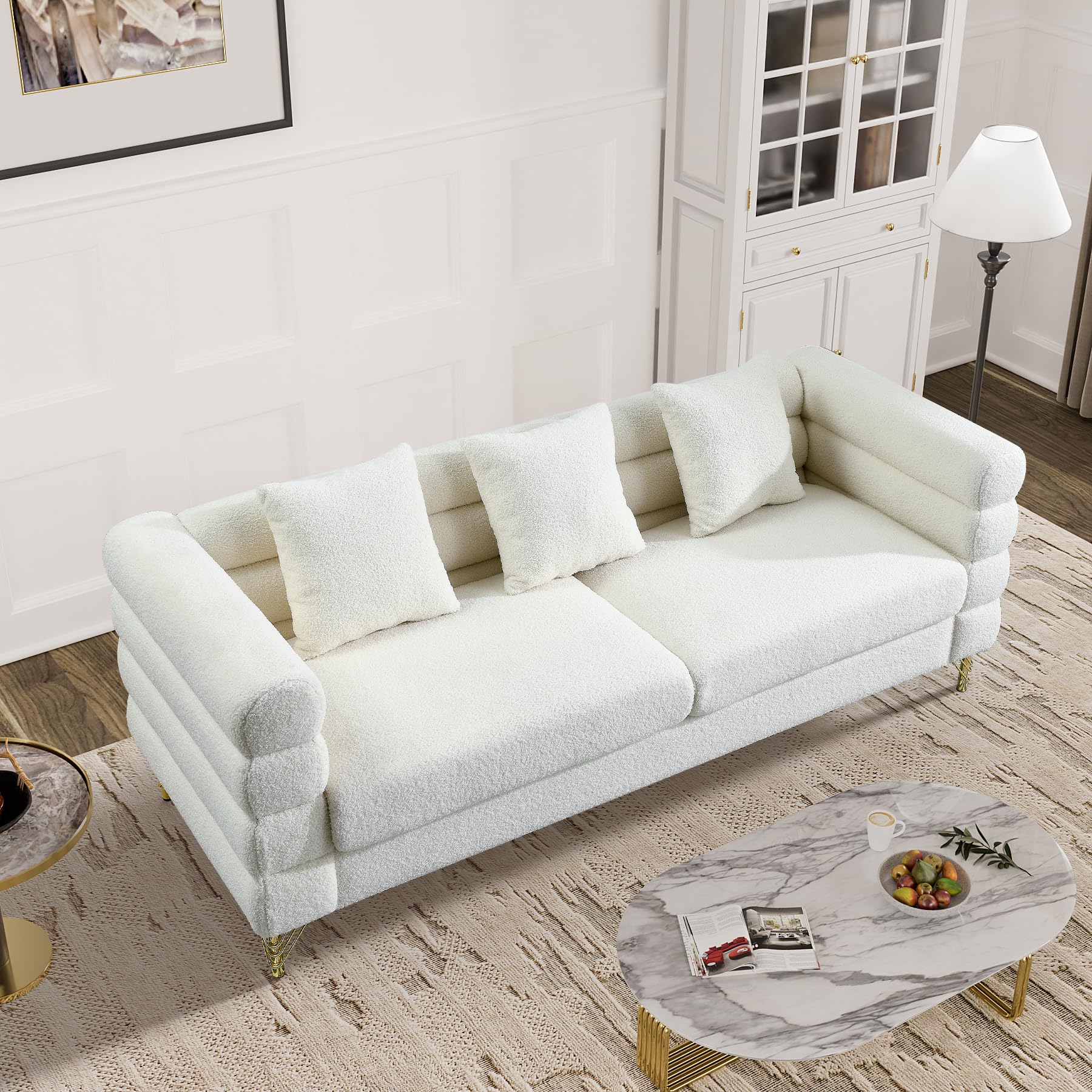 OUYESSIR Cloud Sofa Couch for Living Room, 79" Comfy Deep Seat Boucle Sherpa Sofa with 3 Pillows and Gold Legs, Modern Upholstered 3 Seater Large Loveseat for Bedroom Office, Beige White Teddy