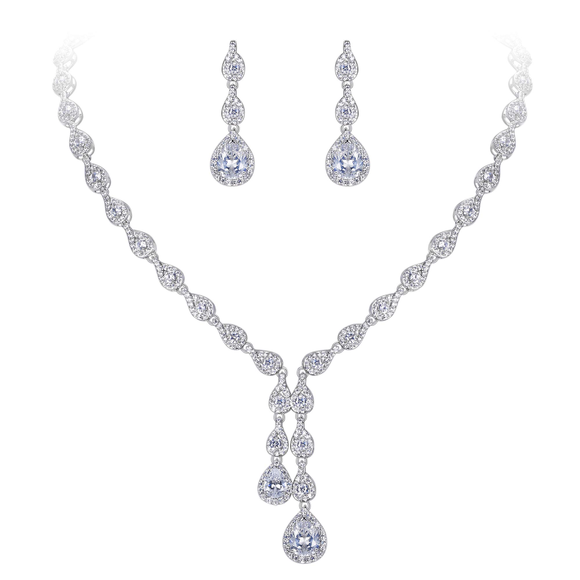 EleQueen Women's Cubic Zirconia Marquise-Shape Teardrop Wedding Bridal Necklace Earrings Jewerly Sets