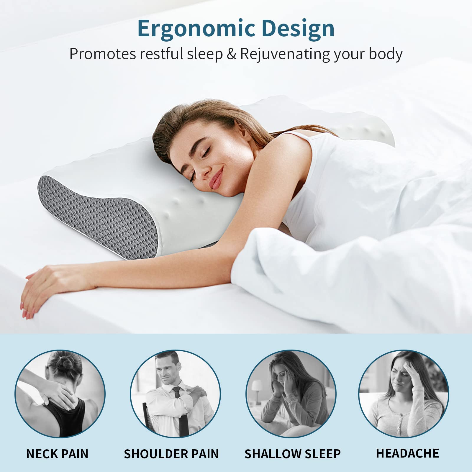 HAMYODO Memory Foam Contour Neck Pillow for Neck and Shoulder Pain Relief - Ergonomic Cervical Pillow with Cooling Pillowcase - Washable Cover - 2 Heights for Side, Back and Stomach Sleepers