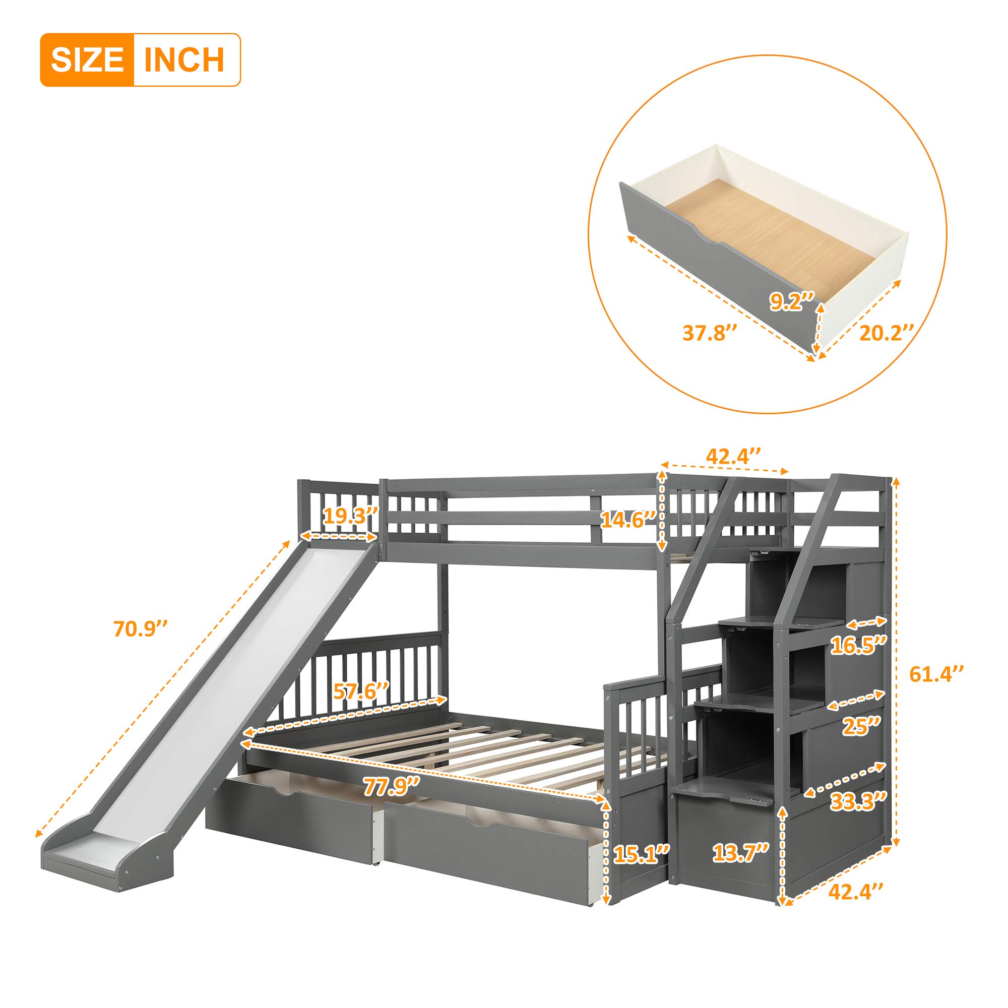 Twin Over Full bunk Bed with Drawers,Storage and Slide - Twin Over Full Bed Frame for Kids, Teens Bedroom, Guest Room Furniture, No Box Spring Needed