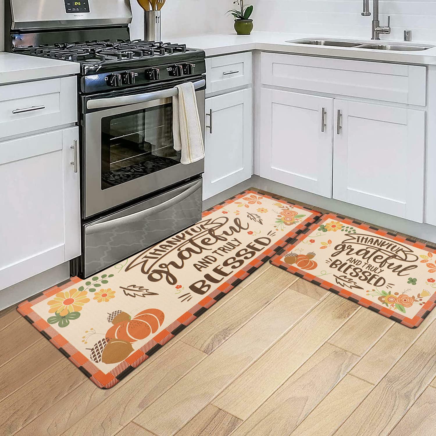 Falflor Thanksgiving Kitchen Rugs 2 PCS Farmhouse Kitchen Mats Set Dwarf Pumpkin Decorative Anti Fatigue Kitchen Floor Mats Non Slip Waterproof Comfort Standing Mats for Sink Office Desk