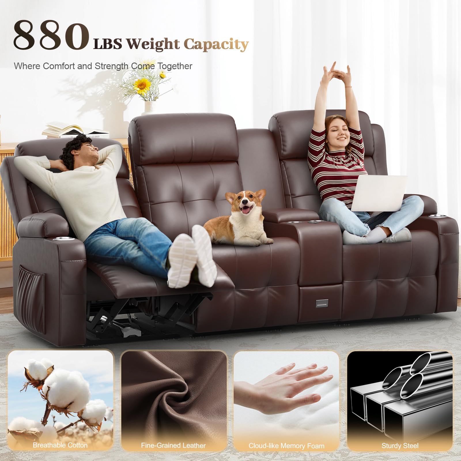 Recliner Sofa, 3 Seater Massage Reclining Loveseat Sofa Sets, 2 Single Power Recliner Chairs Heat & Massage, Heavy Weight Capacity, RV Clearance Love Seat Couch with Console, USB, Type C Port