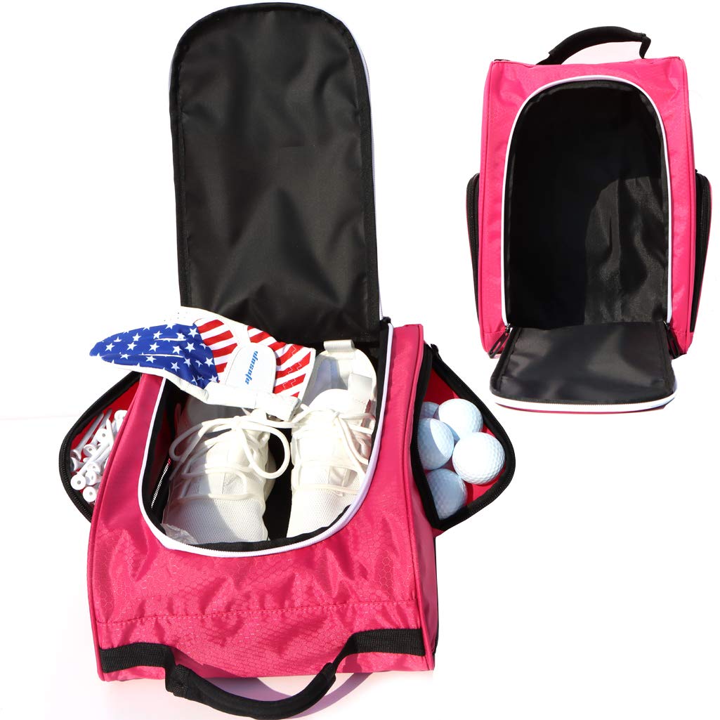 Golf Shoe Bag for Women,Zippered Golf Shoe Carrier Bag with Ventilation and 3 External Pockets for Golf Balls, Golf Glove, Tees and Other Golf Accessories(Red)