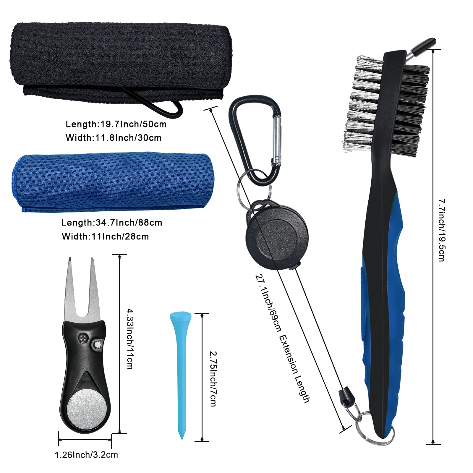Golf Towel Golf Club Cleaning Kit, Microfiber Waffle Pattern Golf Towel with Carabiner Clip, Golf Brush Tool with Club Groove Cleaner, Cooling Towel, Golf Divot Tool, Golf Tees Golf Accessories