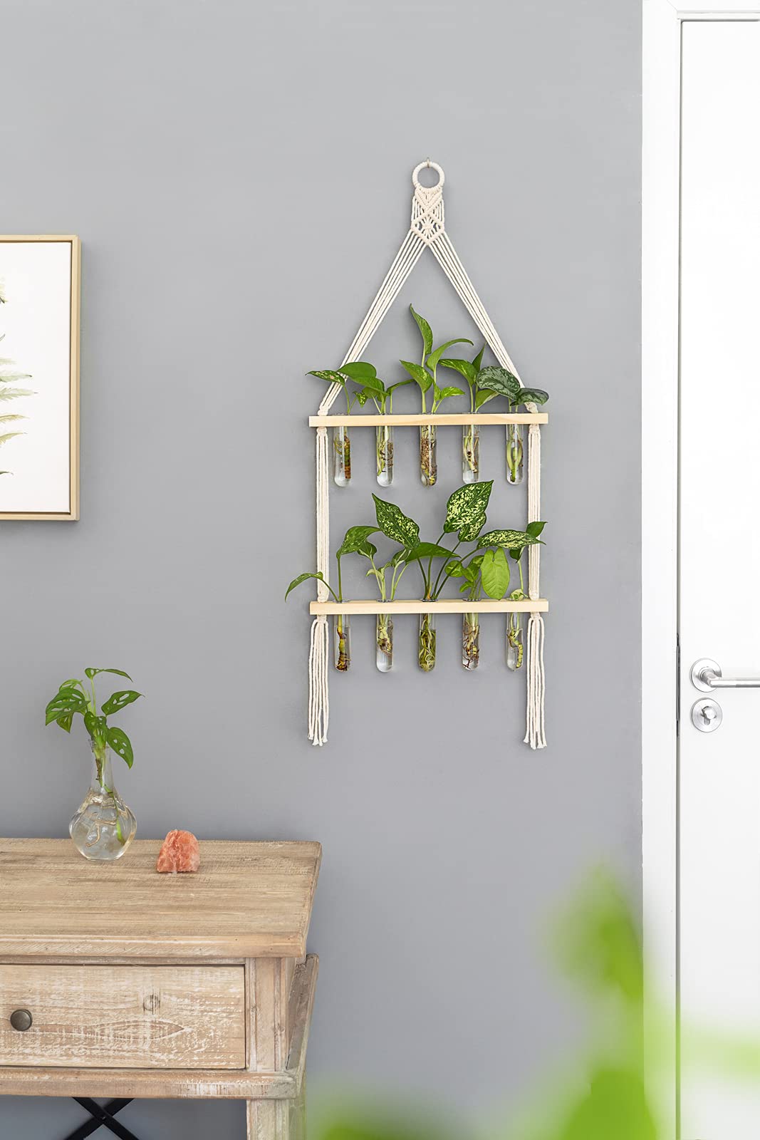 Mkono Wall Hanging Glass Planter with Macrame Hanger, Boho 2 Tier Propagation Tube Vase Plant Terrarium with Wooden Stand for Propagating Hydroponic Plants, Home Office Room Decor Women Gift Idea