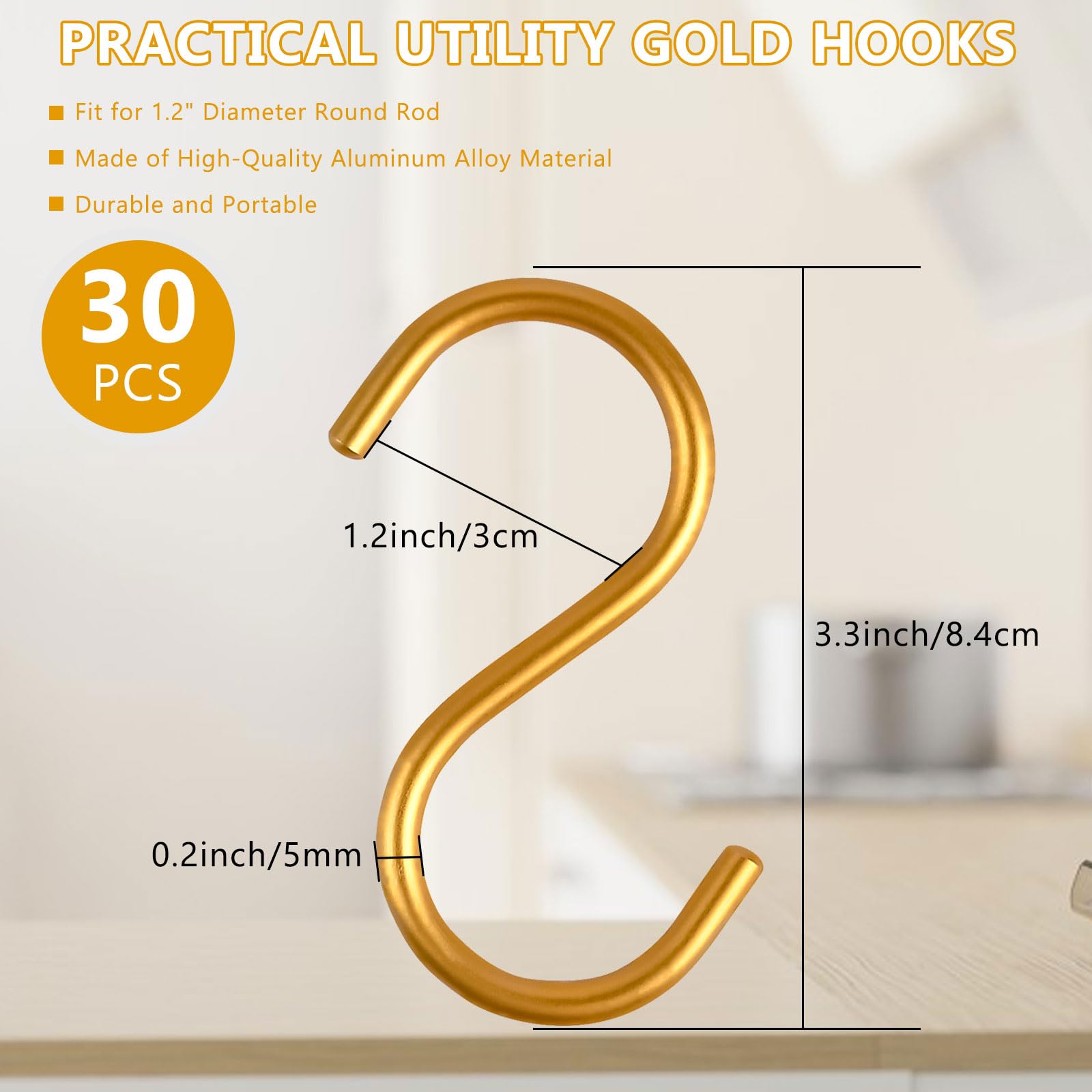 Supkiir 30Pcs Gold S Hooks for Hanging, Aluminum Alloy S Shaped Hooks, Heavy Duty Multi-Purpose Storage Brass Hooks for Kitchen Bathroom Closet Hanging Pans Pots Cup Plants Towels Clothes