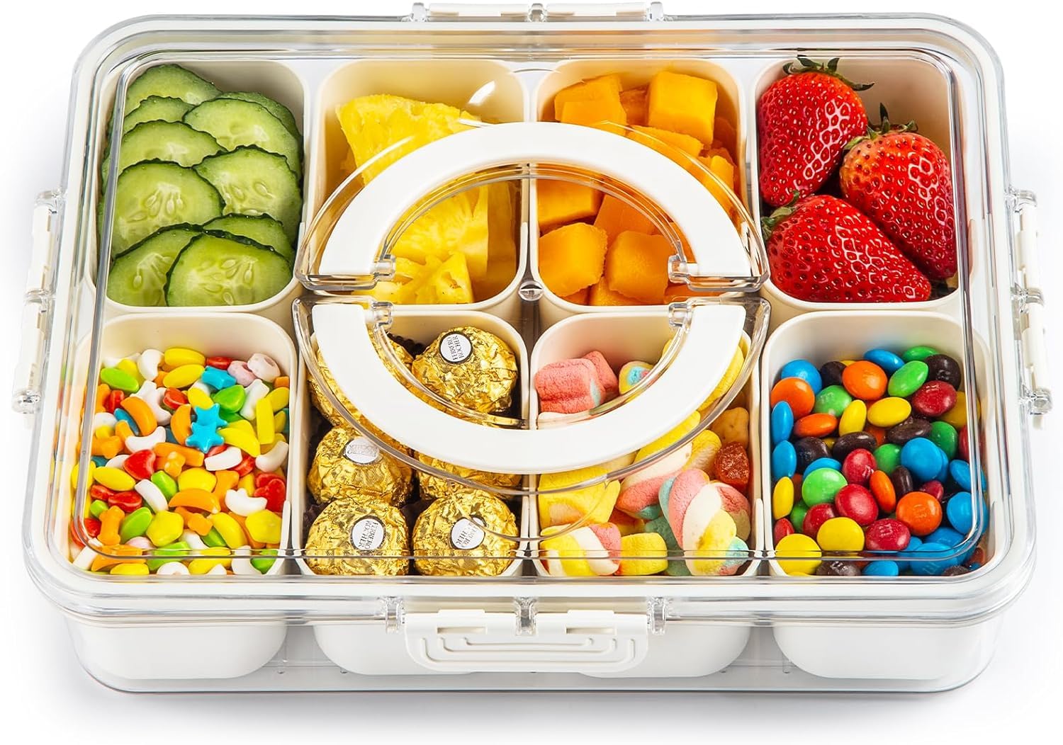 Plastic Divided Serving Tray with Lid and Handle Snack Box Charcuterie Container Portable Snack Platters Organizer for Candy, Fruits, Snacks, Nuts, for Party, Entertaining, Picnic (8 compartments)