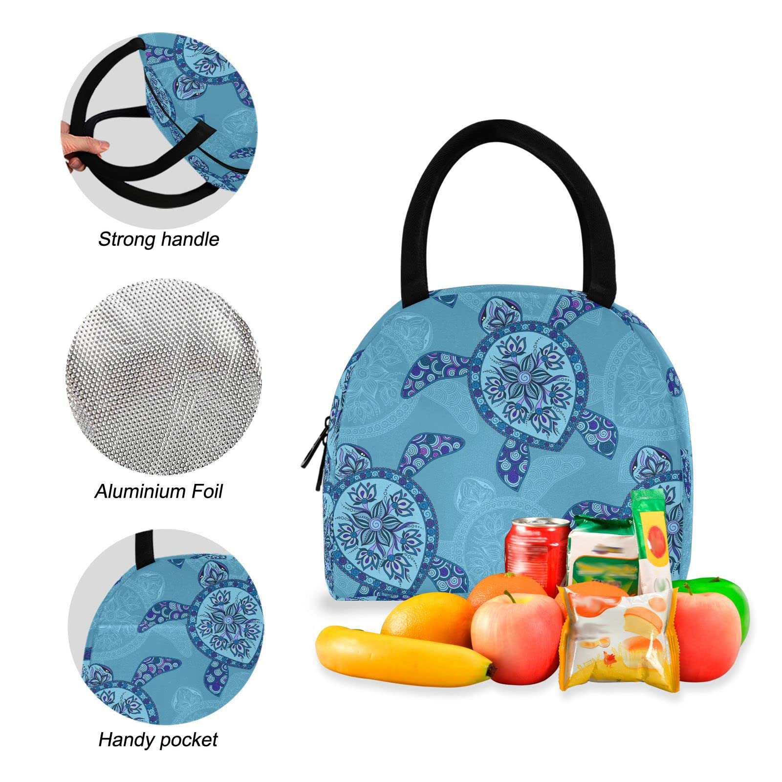 FOLIOSA Kid's Backpack Lunch Bag Set Art Teal Sea Turtle Print, Large Capacity Insulated Scratch-Resistant Backpack with Lunch Kit for School Work Suits for 6+ Years Teenager Boys Girls