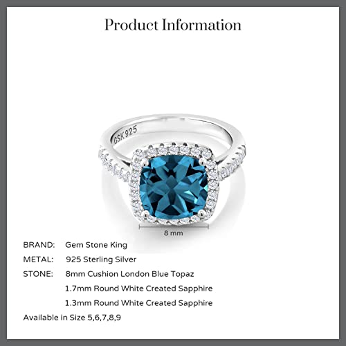 Gem Stone King 925 Sterling Silver London Blue Topaz and White Created Sapphire Engagement Ring For Women (3.30 Cttw, 8MM Cushion Cut, Gemstone Birthstone, Available In Size 5, 6, 7, 8, 9)