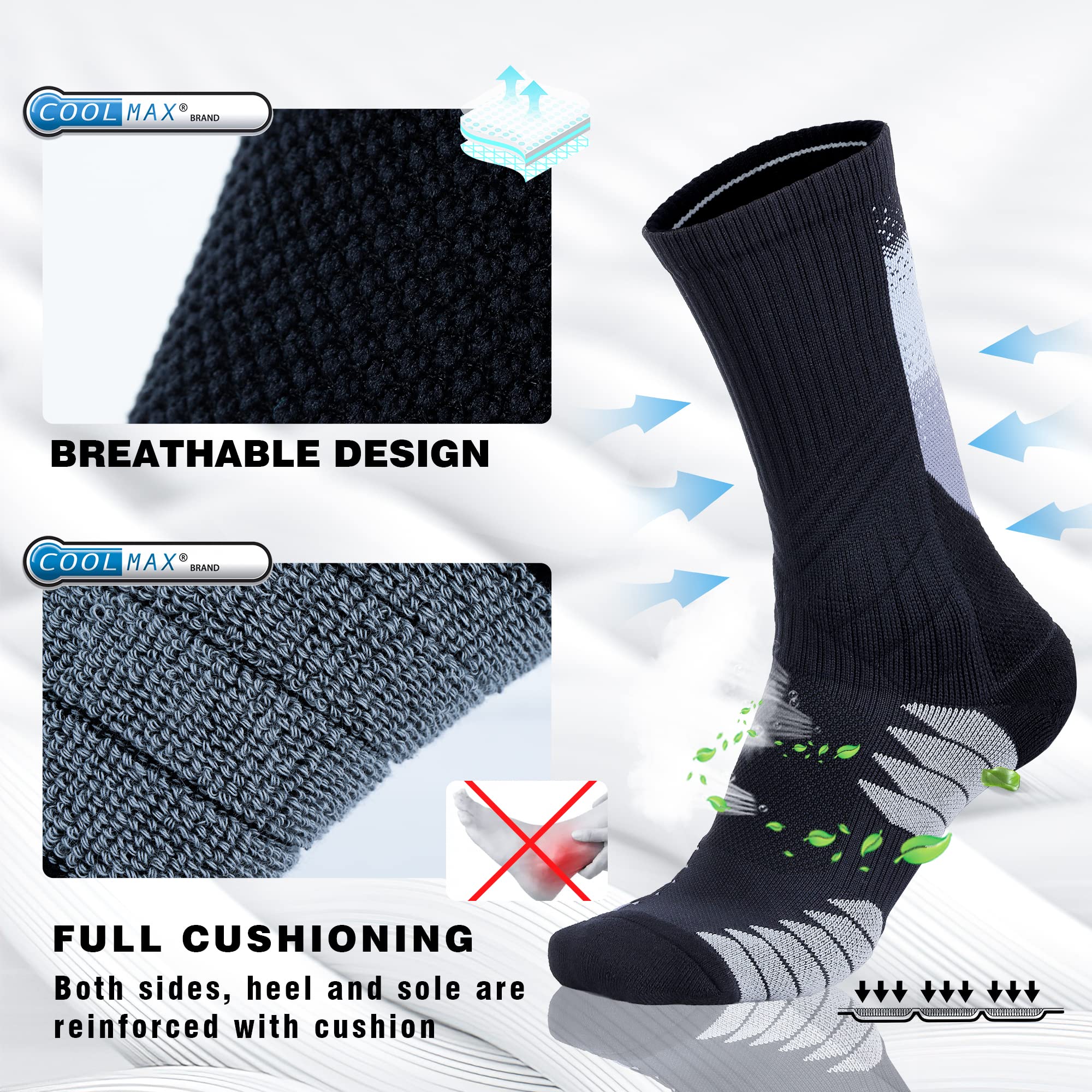 Hylaea Athletic Running Socks with Cushion Crew Length Anti-Blister Moisture Wicking Seamless Toe Black Large 2 Pairs