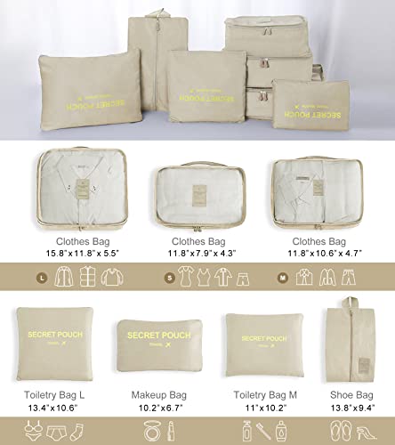 WOOMADA 7 Set Packing Cubes for Suitcases Travel Essentials Luggage Organizer for Travel Accessories Shoe Bag Tioletry Bag Laundry Bag(beige)