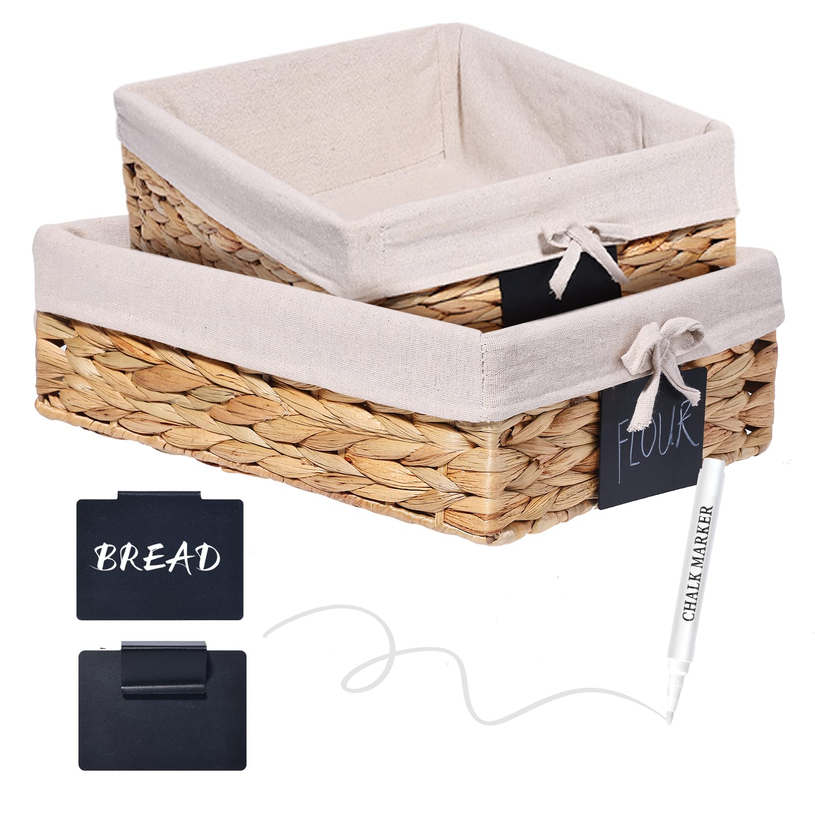 GUDE Water Hyacinth Storage Baskets, Set of 2 Handwoven Wicker Organizers Pantry Baskets Nesting with Handle, Chalkboard Labels & Chalk Marker,12 x 16 x 5 inches