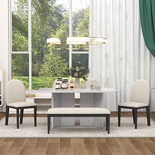 WOZNLA Room 6-Piece Modern Style Set-Faux Marble Table with 4 Upholstered Dining Chairs & 1 Bench-Contemporary White Design for Family Kitchen