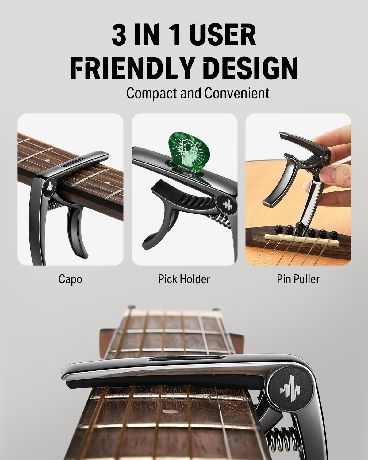 Donner Guitar Capo for Electric and Acoustic Guitar DC-2, Ukulele Capo Black with 4 Picks