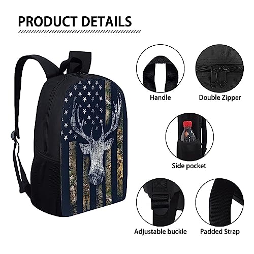 Mumeson Cool Deer and America Flag Print Kids Backpack Schoolbag Soft Cushion Shoulder Straps Rucksack Daypack Durable Zipper Closure Bookbag for Boys Middle School
