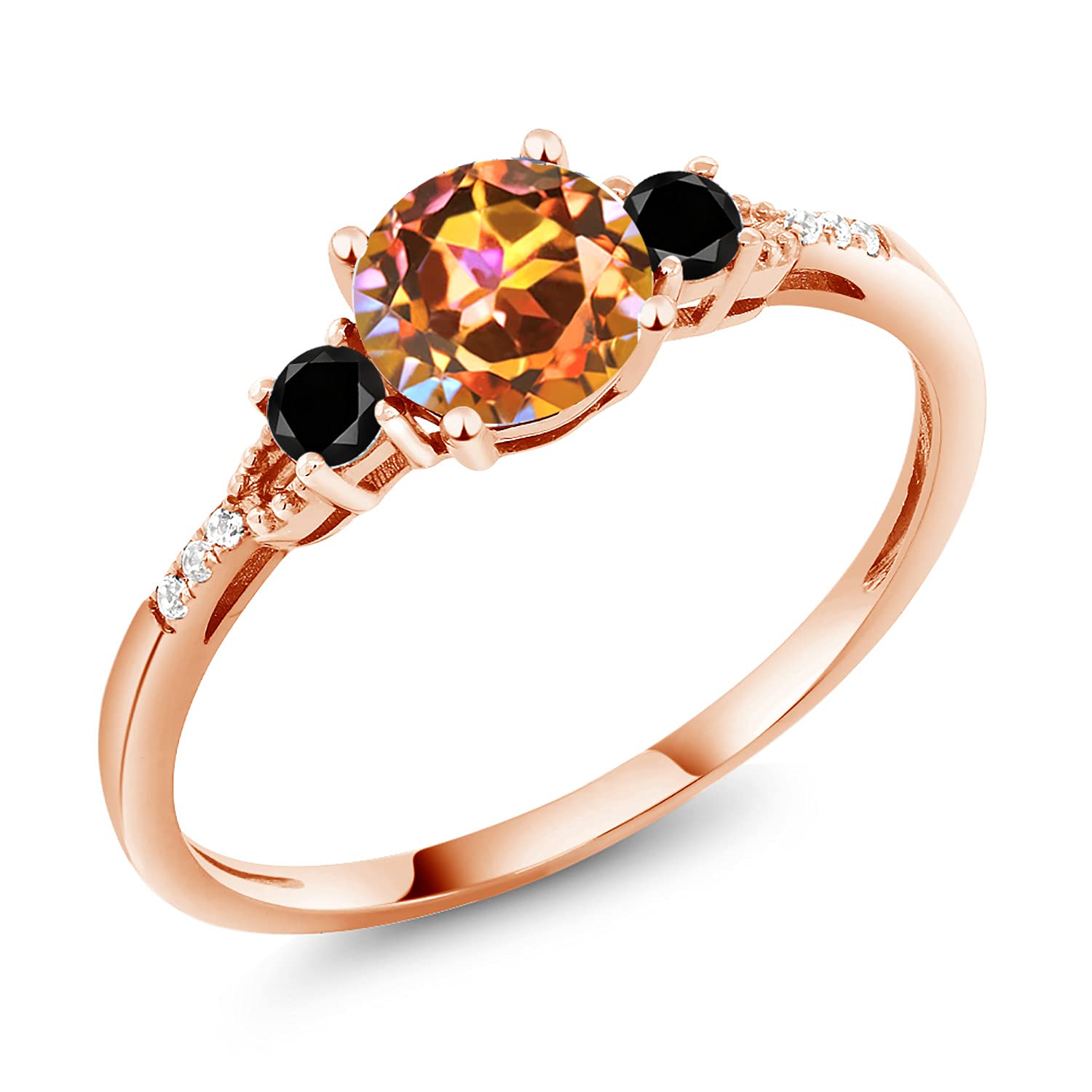 Gem Stone King 10K Rose Gold Ecstasy Mystic Topaz Black Diamond and White Diamond Accent 3-Stone Engagement Ring For Women (1.17 Cttw, Round 6MM, Gemstone November Birthstone, Size 9)