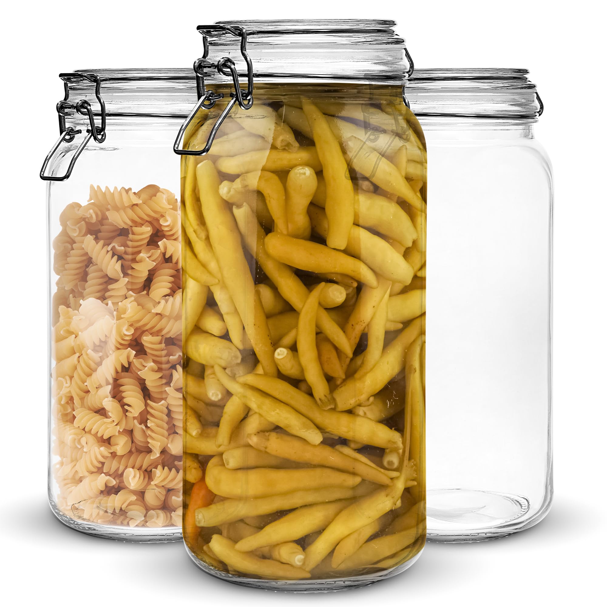 Set of 3 Glass Mason Jar 64 Ounces with Airtight Lid Large Jars With Stainless Steel Bail And Trigger Clamps