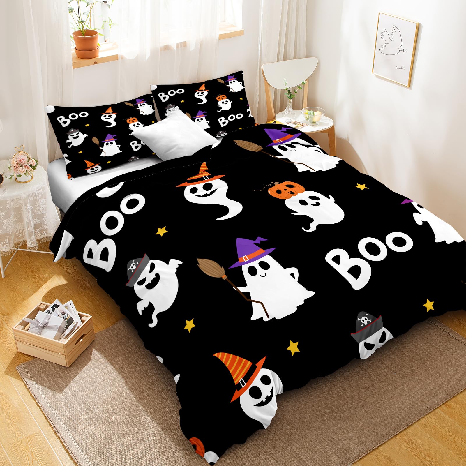 MOVE OVER Pumpkin Bedding Set Queen Size Halloween Duvet Cover Set 3 Pcs Pumpkin Lantern and Cute Bats Witch Hats Printed Kids Halloween Bedding Set(Queen, Black)