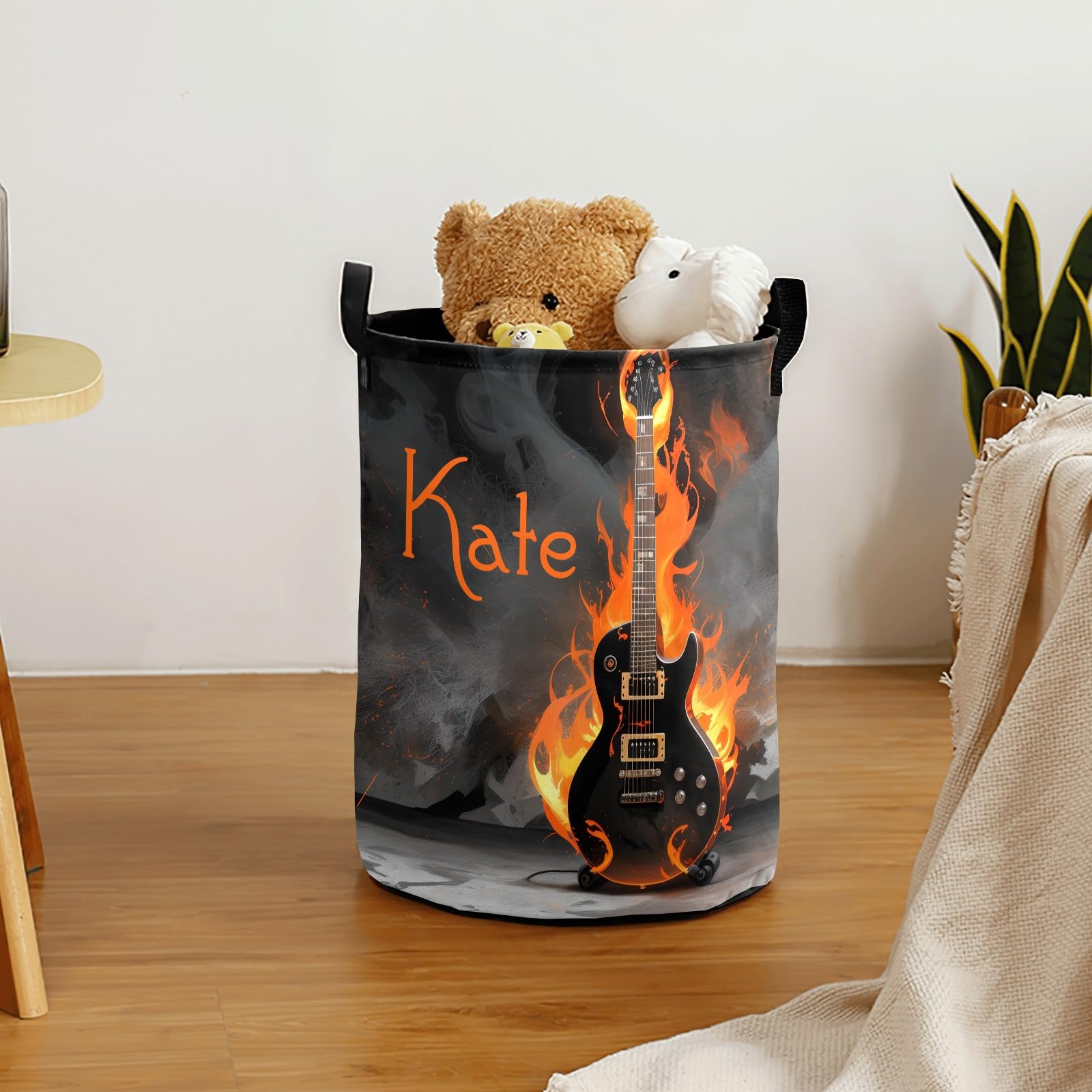 Personalized Laundry Basket Burning Guitar Custom Laundry Hamper Collapsible Clothe Storage Baskets with Knitting Handle
