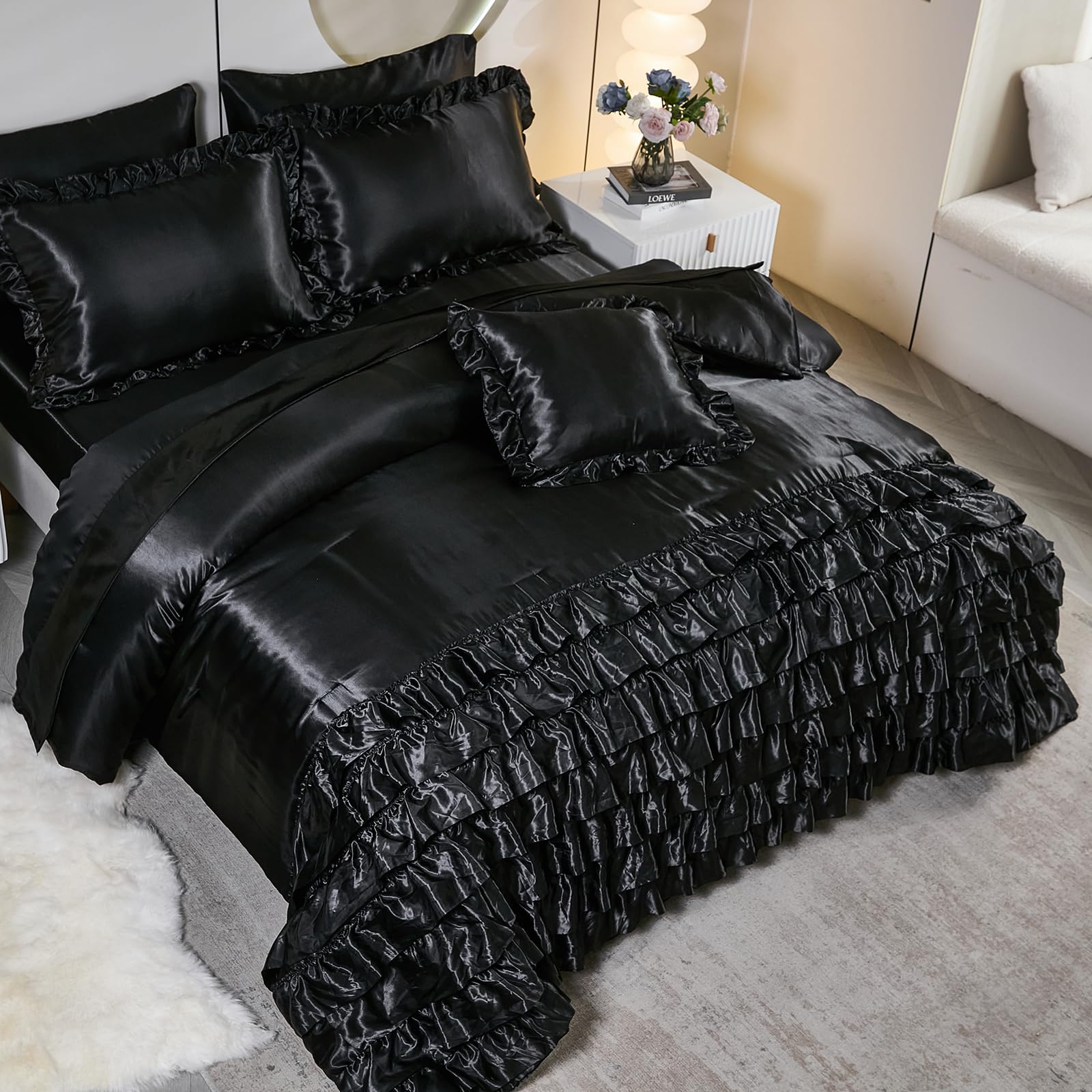 MOVE OVER Satin Comforter Set with Sheet Set Queen Size 8 Pieces Pink Satin Bed in a Bag Girly Waterfall Ruffled Design Pink Silk Comforter Set Luxury Silky Bedding Set for Bedroom
