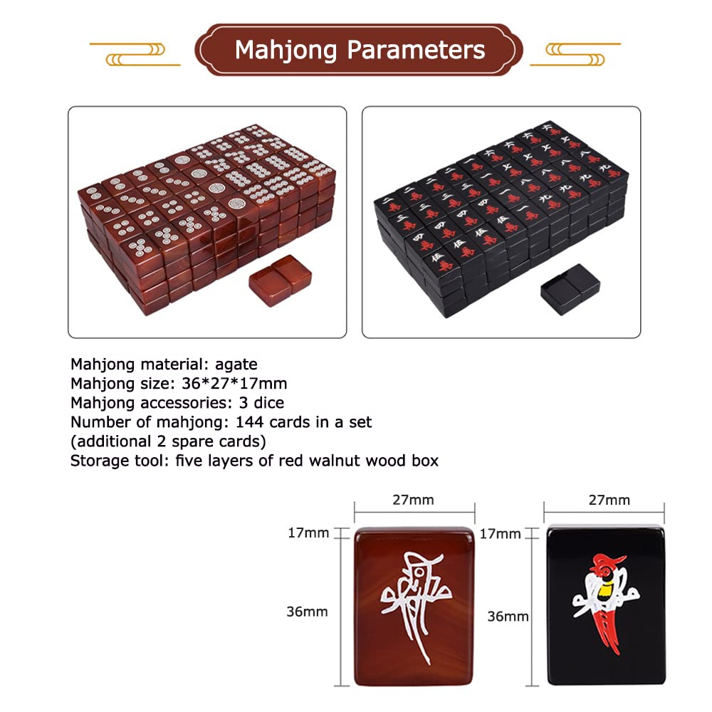 KAFELE Natural Raw Stone Mahjong Handmade Jade Dominoes Contains Five-Layer Walnut Wood Storage Box Hard Material/Smooth to The Touch/Bright in Color,Black,36mm