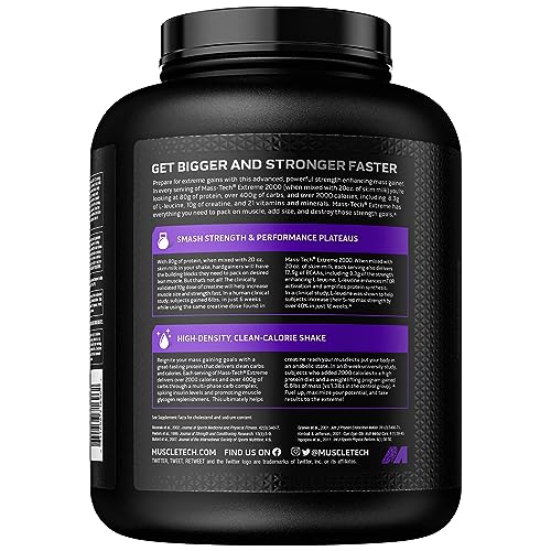 MuscleTech Mass Gainer Mass-Tech Extreme 2000, Muscle Builder Whey Protein Powder, Protein + Creatine + Carbs, Max-Protein Weight Gainer for Women & Men, Vanilla Milkshake, 6lbs (Packaging May Vary)