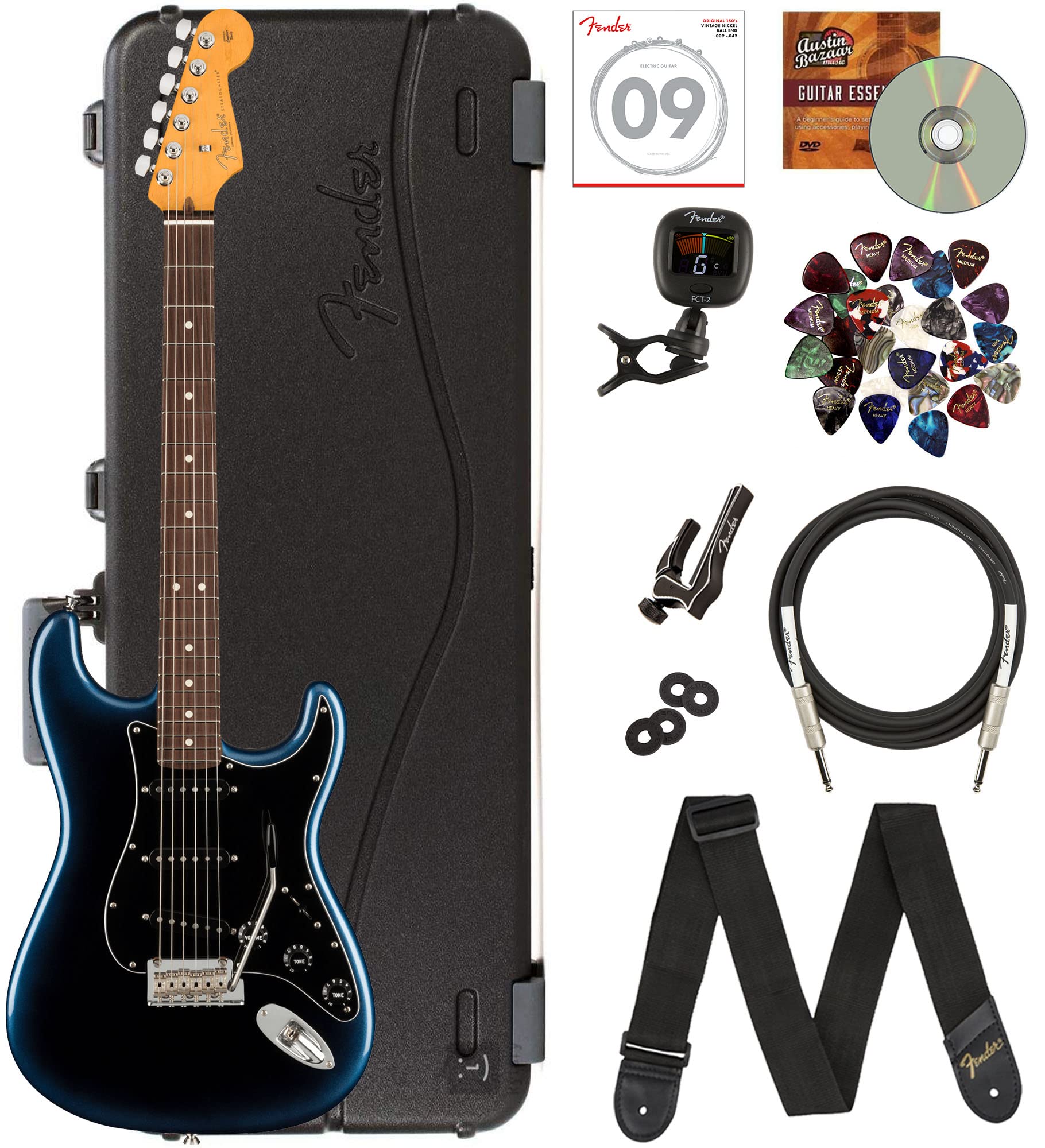 Fender American Professional II Stratocaster - Dark Night Bundle with Deluxe Case, Instrument Cable, Capo, Tuner, Strings, Strap Blocks, Strap, Picks, and Austin Bazaar Instructional DVD