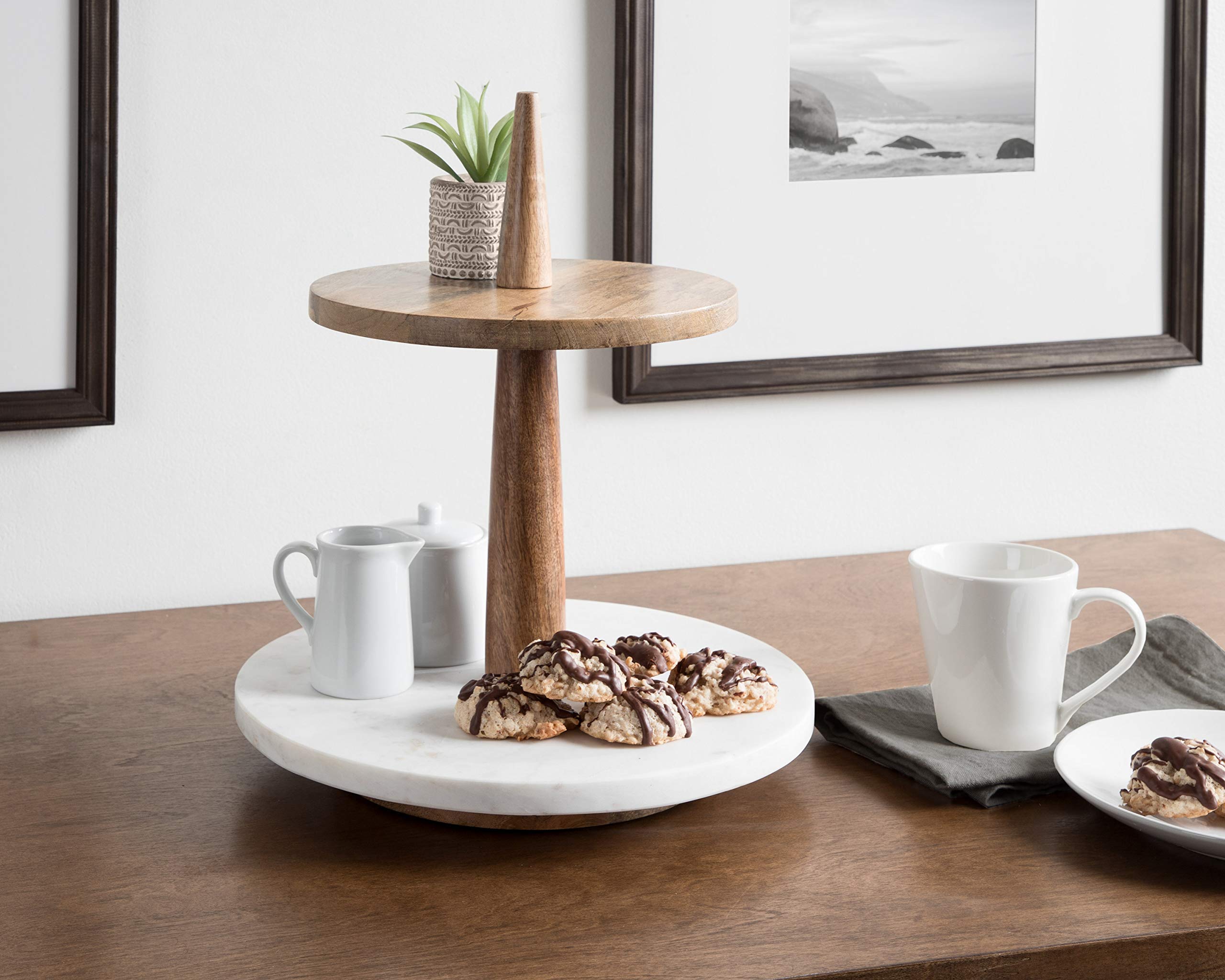 Kate and Laurel Praxis Modern 2-Tier Tray, 12 x 12 x 15, Natural Wood and White Marble, Decorative Farmhouse Serving Tray for Display